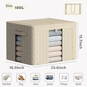 FHSQX Clothes Storage Organizer Bins- Stackable Storage Containers for Closet Foldable Storage Bins for Clothes with Clear Window & Carry Handles (Extra Large-100L(23.6x16.5x15.7inch), Beige)