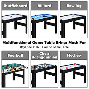 RayChee 15-in-1 Multi Game Table Set, Combo Game Tables w/Foosball, Hockey, Pool, Ping Pong, Basketball, Chess, Bowling, Shuffleboard for Home, Game Room, Friends & Family