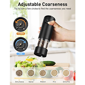 Electric Pepper Grinder or Salt Mill, Battery Powered Automatic Pepper Mill, Ceramic Grinder with Adjustable Coarseness, LED Light, and Salt Mill Refillable, One Hand Operation