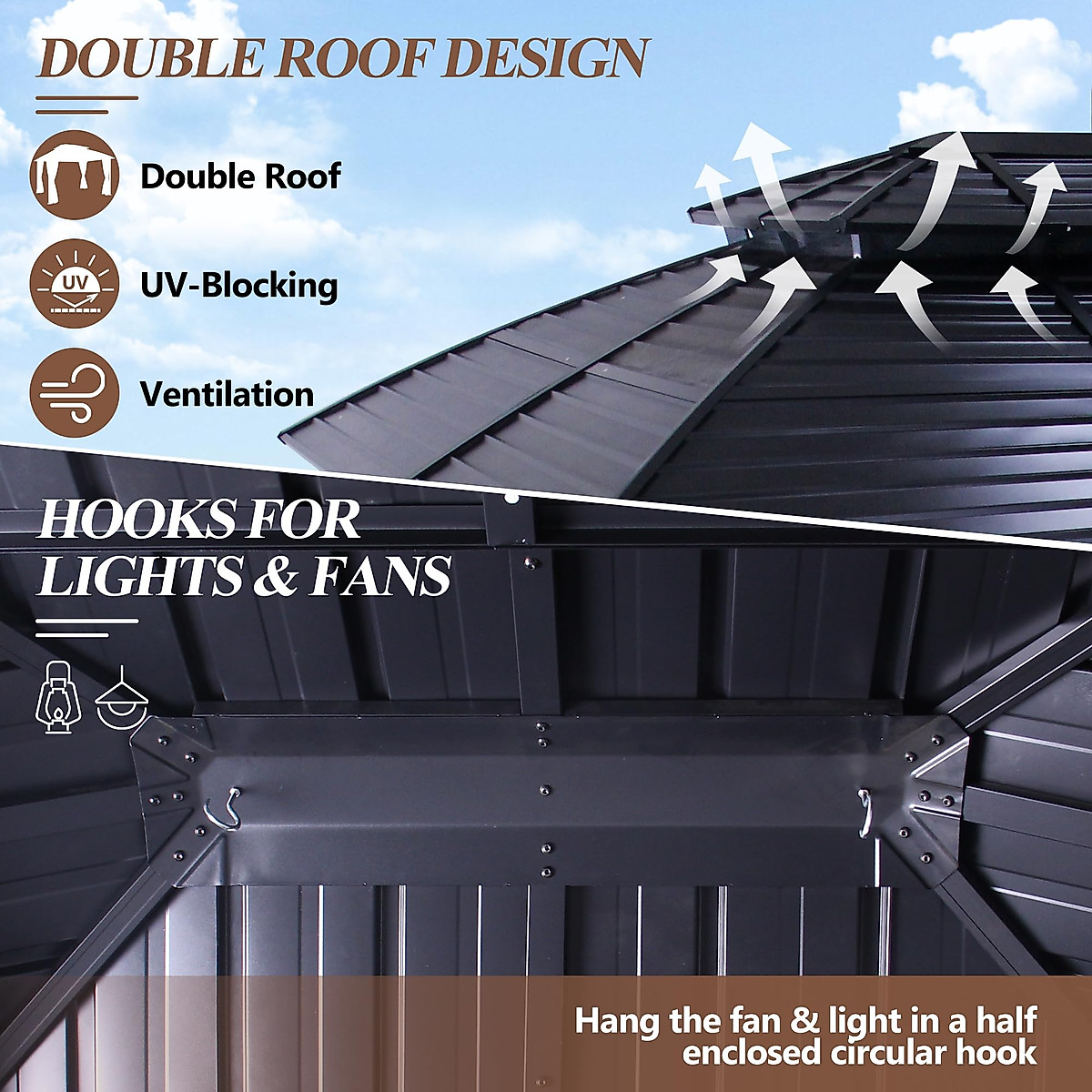 GARTOO 10x12FT Outdoor Galvanized Steel Hardtop Gazebo - Dome Canopy Gazebo with Breathable Mesh Screen & Private Curtains for Gaeden, Poolside, Deck, Backyard