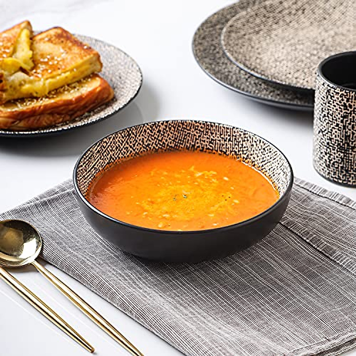 Stone + Lain Sophie Rustic Stoneware Dinnerware Service for 4, Brown and White Textured, 16 Pieces