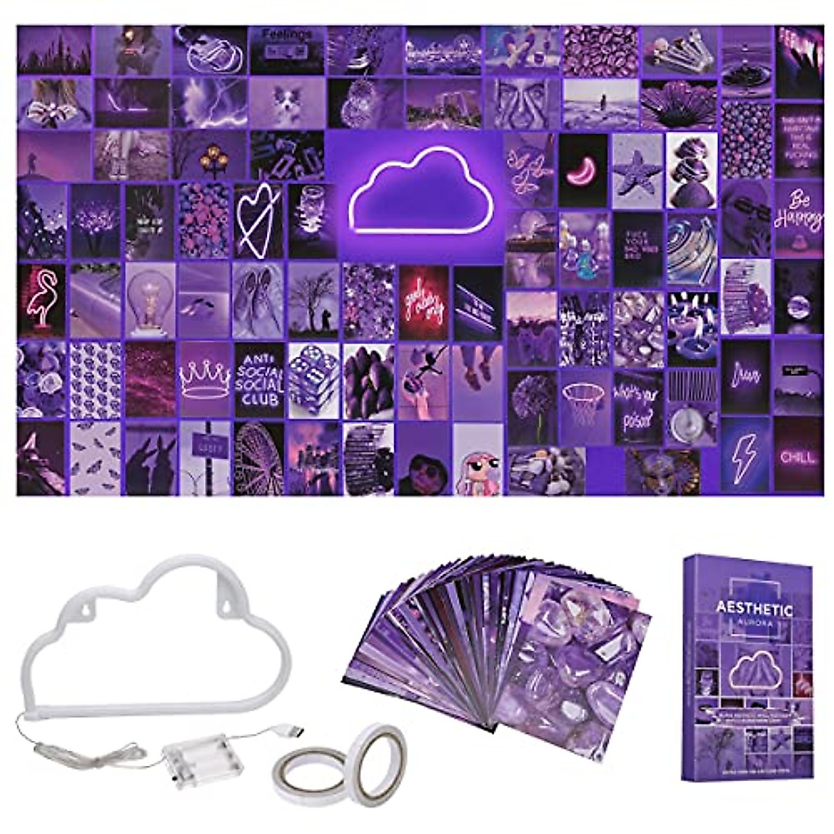 AESTHETIC AURORA 85 PCS 4x6" Photo Wall Collage Kit, Aesthetic Posters & Cloud LED Lights For Bedroom, Picture Collage Kit For Wall Aesthetic Indie Room Decor & Neon signs, Double Sided Tape Included