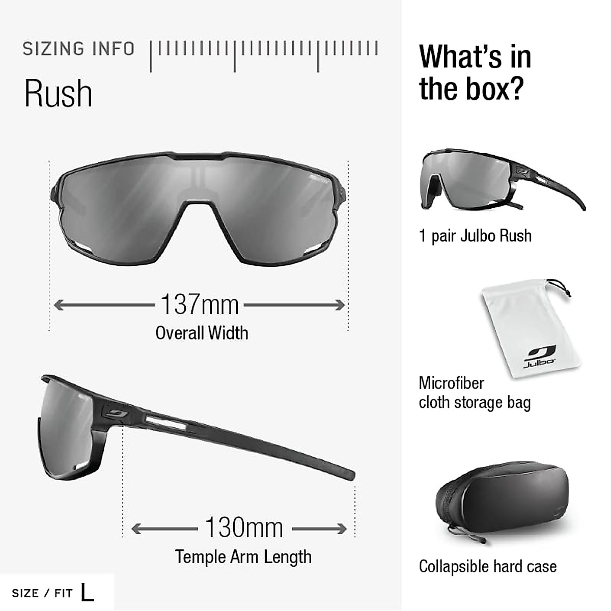 Julbo Sporty Rectangular Sunglasses, Matte Black/Glossy Black, L