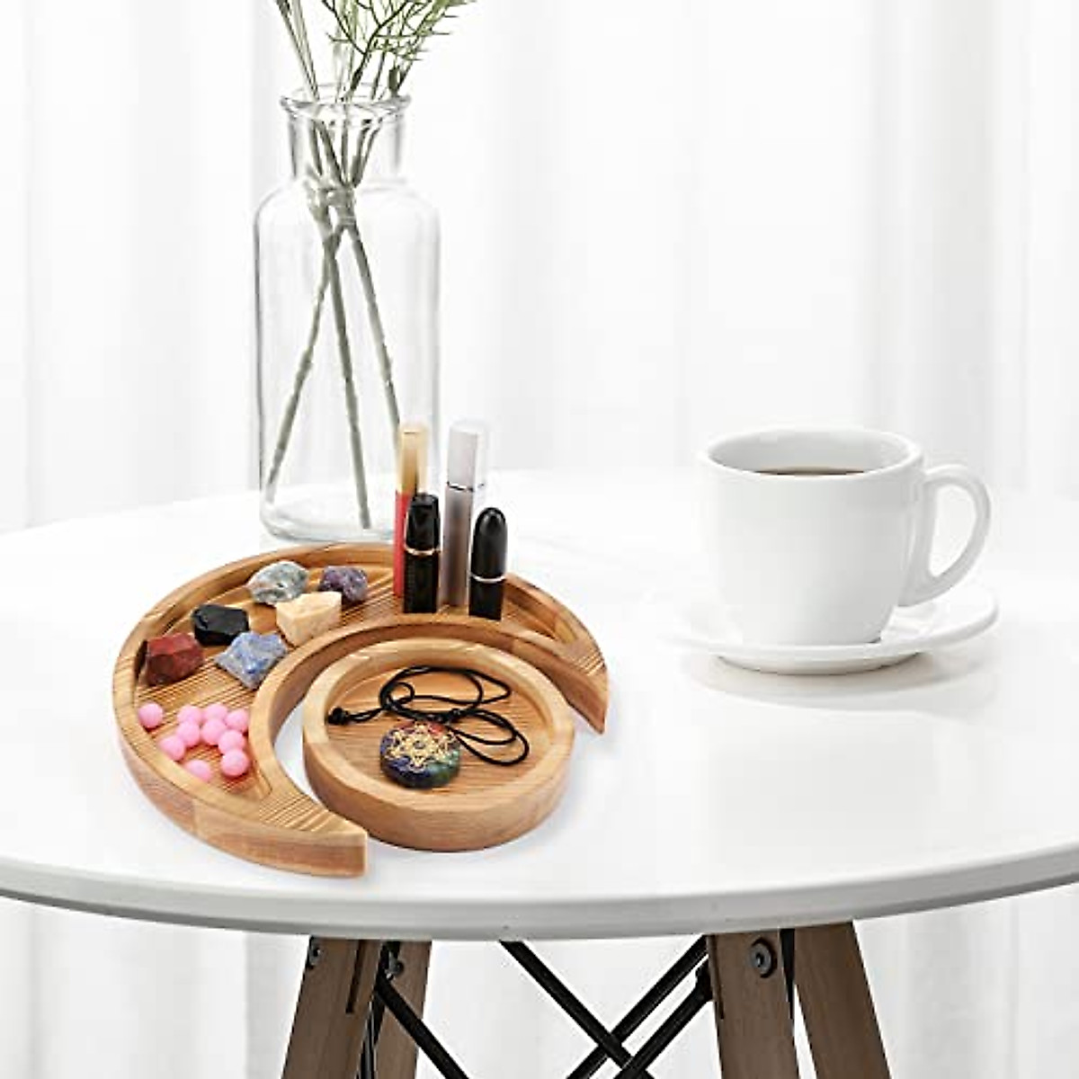 BestFire Moon Tray with Round Tray Crystal Holder Display Moon Tray Crystal Holder Wooden Crystal Organizer Essential Oil Dish for Rings & Jewelry -Mother's Day, Valentine's Day Gifts (Light brown)