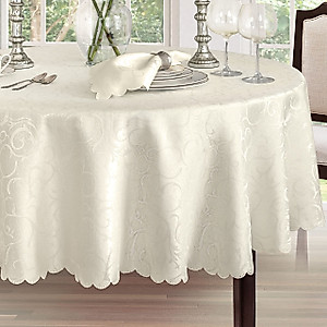 Newbridge Portofino Scalloped Damask Fabric Tablecloth, Wrinkle and Stain Resistant Fine Dining and Holiday Tablecloth, 60 Inch x 84 Inch Oval, Ivory
