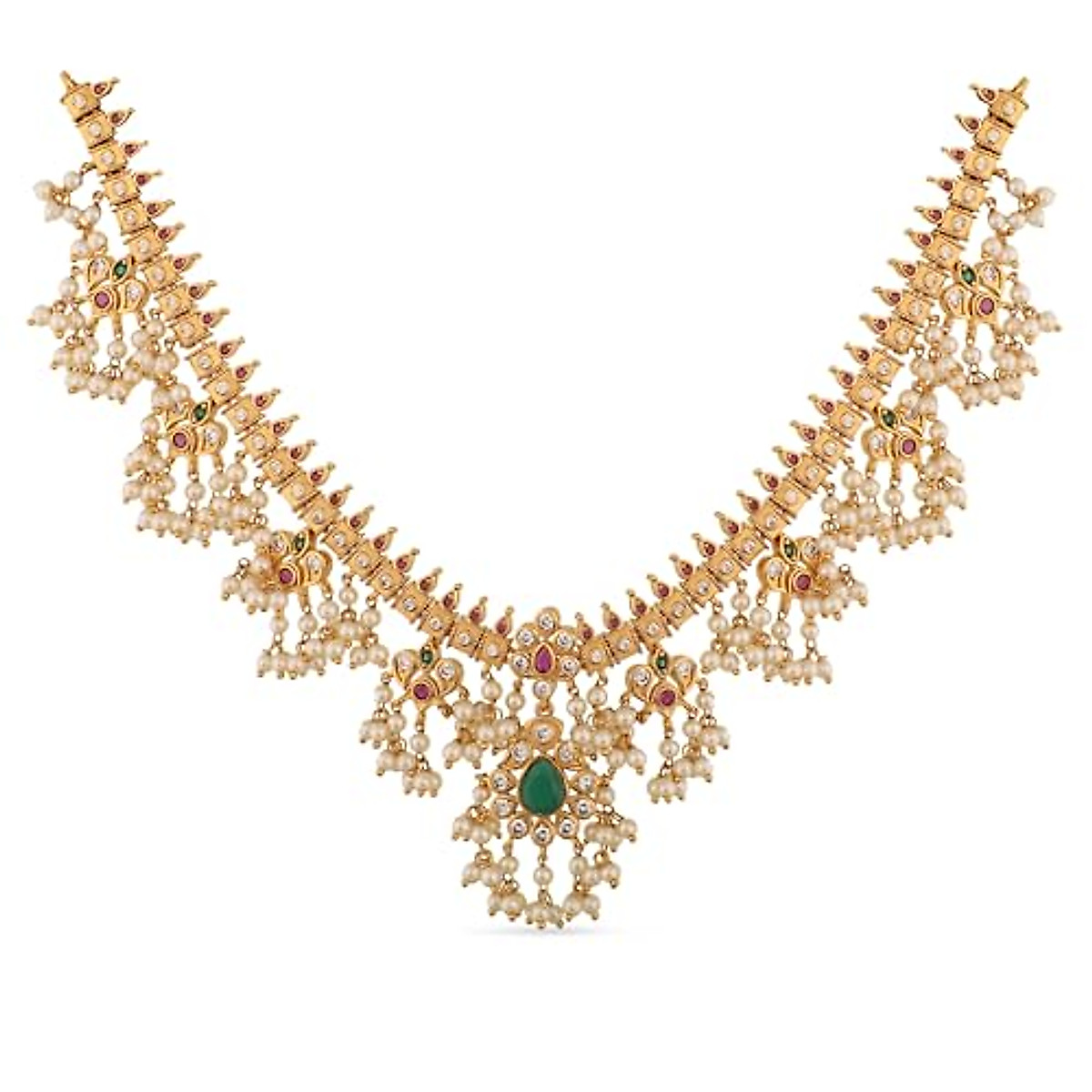 TARINIKA Gold-plated Brass Premal Antique Indian Jewelry Necklace Set for Women | Indian traditional | 1-Year Warranty | CZ Stones(White,Red,Green), Metal
