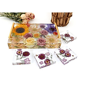 Resin Tray Molds Silicone, 13.5" Large Rectangle Deep Tray Resin Mold and 4 Piece Square Deep Coaster Molds, Silicone Tray Board Table Resin Mold & Handles, Floral Preservation Bouquet Resin Mold