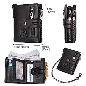 bill heart Mens Wallet with Chain Genuine Leather Purse RFID Blocking Bifold Double Zipper Coin Pocket with Anti-Theft Chain