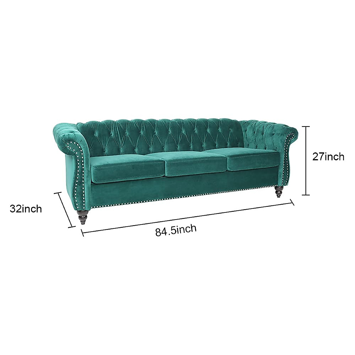 LEVNARY Three-Seat Velvet Sofa, Large Sofa Classic Tufted Chesterfield Settee Sofa Modern 3 Seater Couch Furniture Tufted Back for Living Room, Green