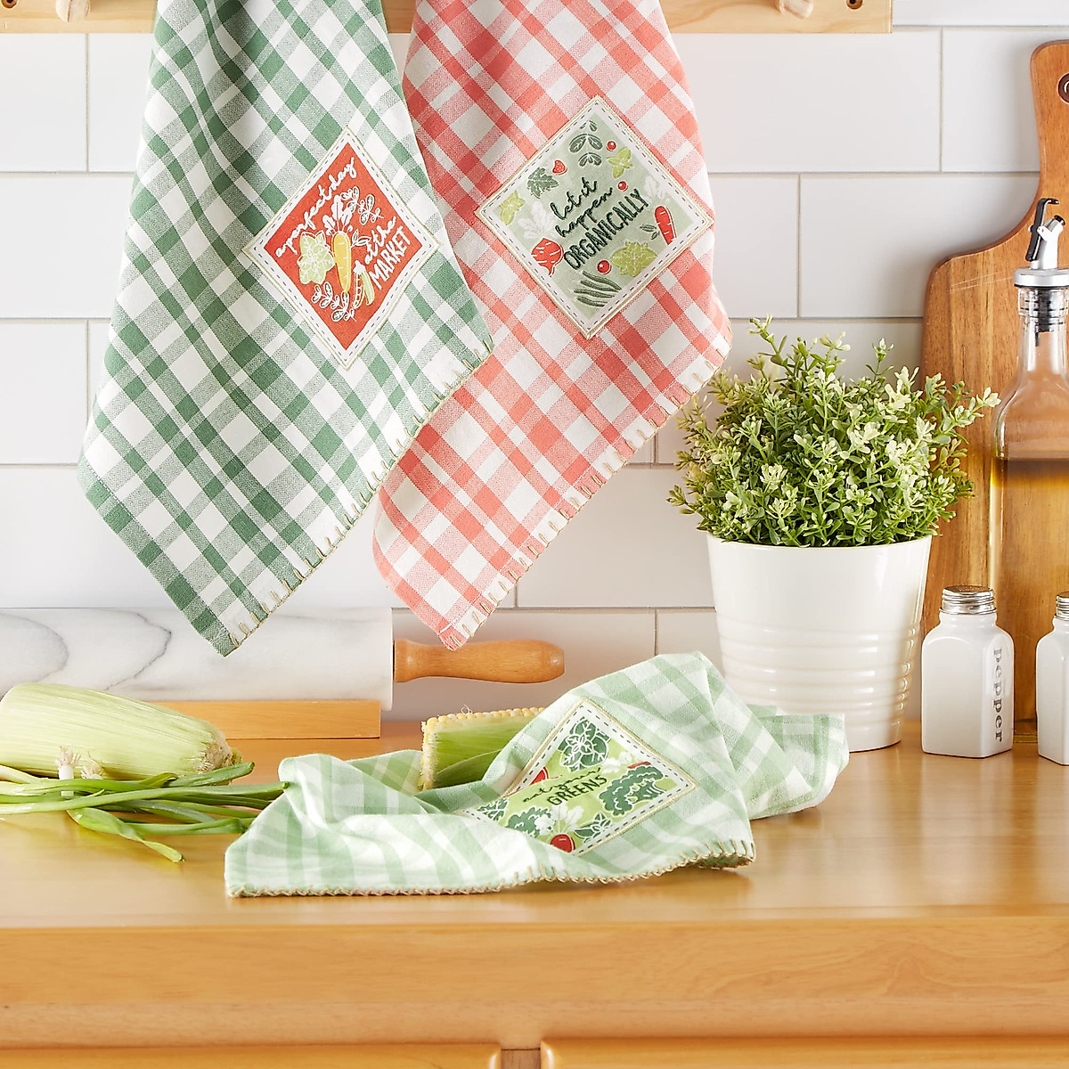 DII Farmer's Market Collection Machine Washable, Reusable Kitchen, Dishtowel Set, 18x28 Set, Plaid Patch, 3 Piece