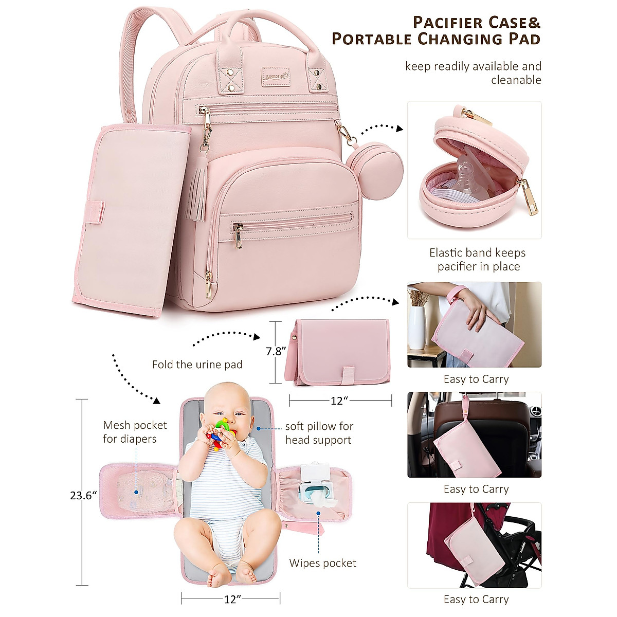 ROSEGIN Premium Vegan Leather Diaper Bag Backpack with Waterproof Changing Pad, Reinforced Zippers & Odor-Free, 20 Pockets Pro Organizer, Fits 15.6" Laptop, Stroller Straps, Baby Bag for Mom, Pink