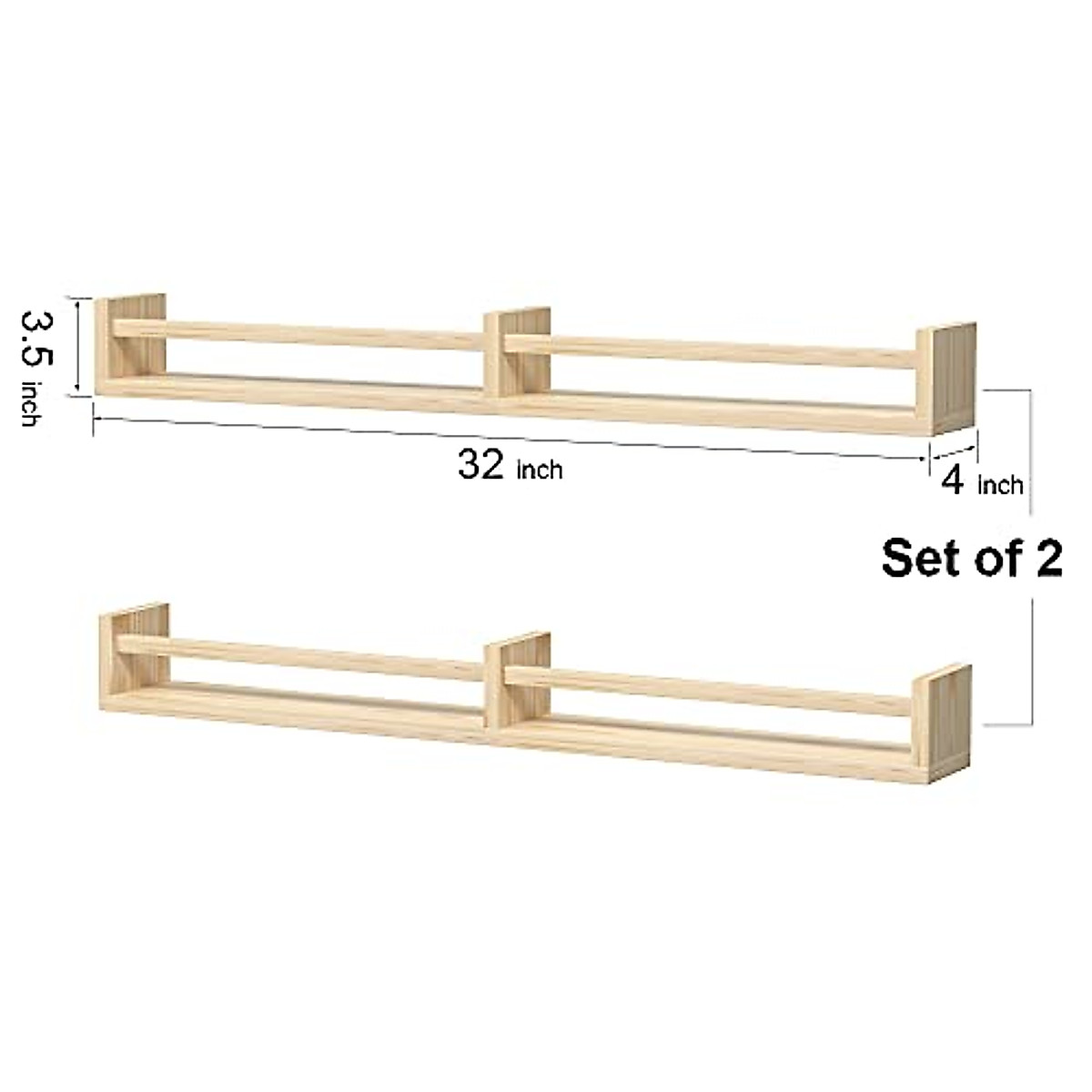Classic Nursery Shelves, Set of 2 Natural Wood Floating Book Shelves for Kids Room, Wall Shelves for Bathroom Decor, Kitchen Spice Rack, Book Shelf Organizer for Baby Nursery Décor (32Lx4W)