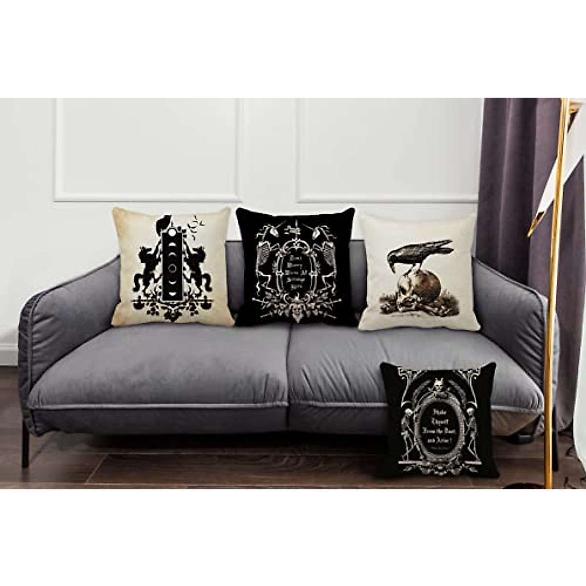 Gothic Themed 18’’X18’’Set of 4 Gothic and Tarot Goat Owl and Horses Crow On A Skull Macabre Memento Mori Art Decorative Throw Pillow Case,Gothic Home Girls Room,Gifts for Wife Sister Gothic Lover