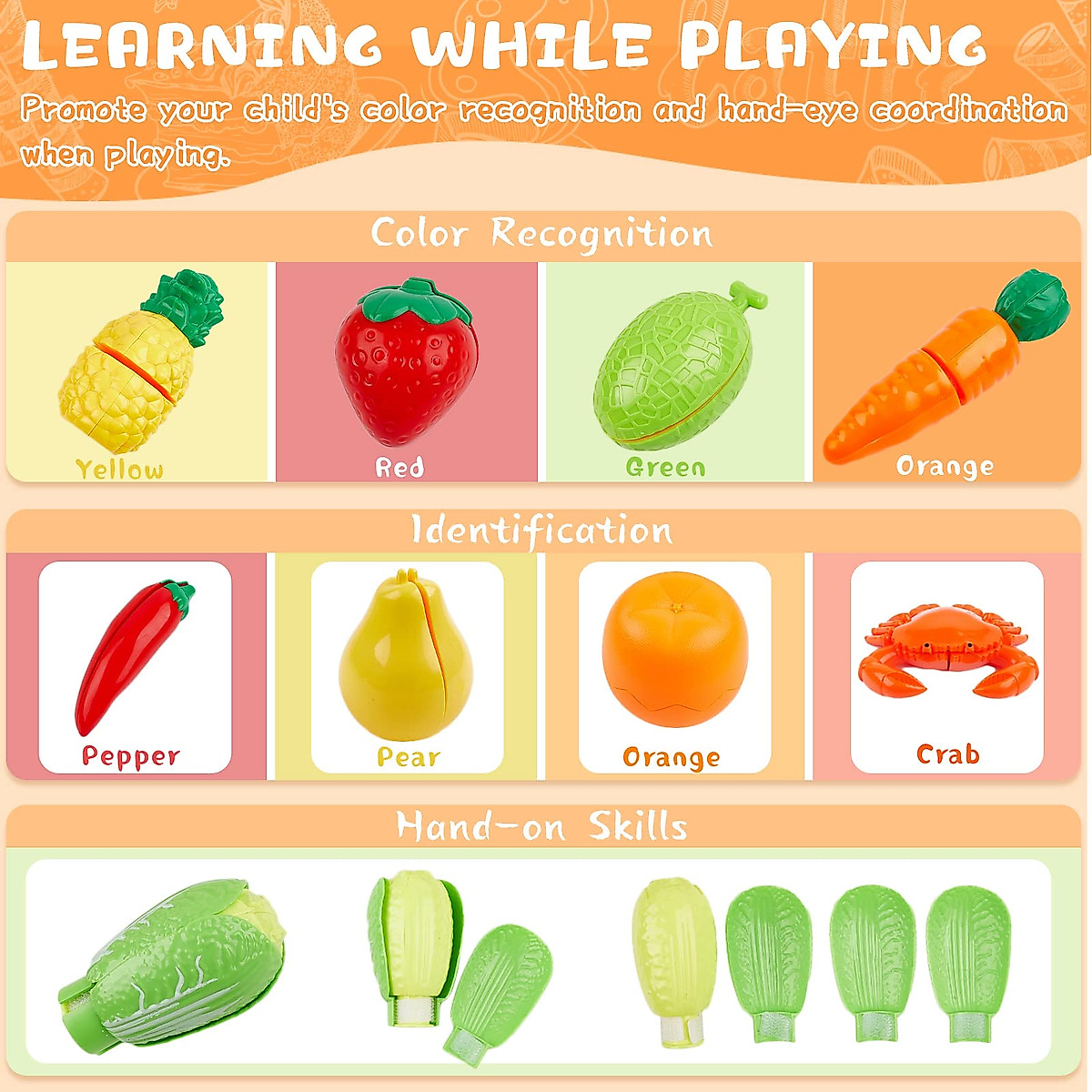 FLMRIOY 77 Pcs Cutting Play Food Toys for Kids Kitchen Accessories Peel & Cut Fruits and Vegetables Pretend Role Play Set with Storage Basket Fake Food Toys for Toddlers Children's Day Gift