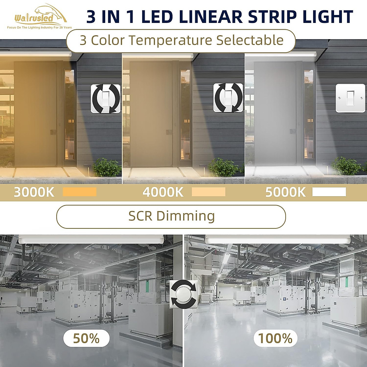4FT LED Linear Strip Stairwell Light Fixture, 80W, 8800lm, 3000K/4000K/5000K, IP20, SCR Dimmable 4 Foot Commercial Grade Indoor LED Shop Ceiling Light Fixture for Workbench Workshop Warehouse, FCC