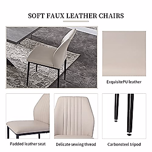 ZckyCine 6-8 People Modern Dining Table Rectangular Kitchen Space-Saving Expandable Metal Frame (Gray + 6 Beige Chairs)