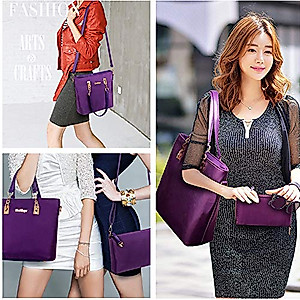 AlwaySky Nylon Women's Shoulder Bag 6 PCS Top-Handle Handbag Tote Purse Wallet Key Case Set (Purple)