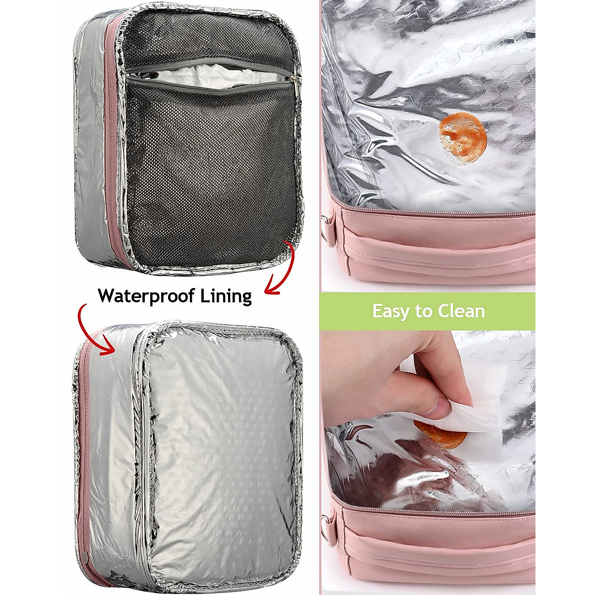 Waterproof Lunch Box for Girls Cute Kids Lunchbox Shiny Pink Lunch Bags with Shoulder Strap and Pocket for Teen Girls Insulated Lunch Cooler Bag for School Outdoor Travel
