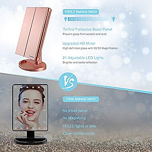 WEILY Makeup Mirror with 21 LED Lights,Two Power Supply, Touch Screen and 1x/2x/3x Magnification Tri-Fold Vanity Mirror, Gift for Women（Rose Gold）