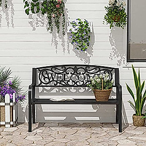 Outsunny 50" 2-Person Garden Bench Loveseat with Cast Iron Decorative Welcome Vines, Outdoor Patio Bench for Backyard, Porch, Entryway