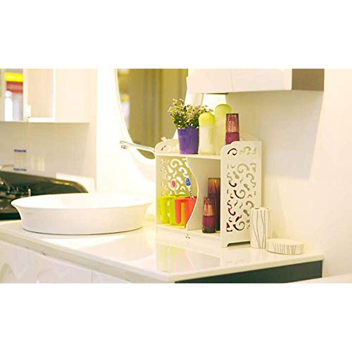 Countertop Bookshelf Wood Display Shelf Desktop Organizer Office Storage Rack Stand Shelf Decor White Desk Dresser Organizer for Desktop, Tabletop or Counter