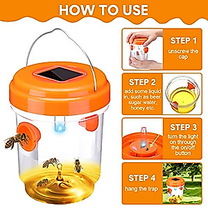 Wasp Trap Solar Powered Bee Trap Reusable Fly Traps Outdoor Hanging Wasp Killer with UV LED Light Flying Insects Bee Killer for Indoor Outdoor Patio Garden Home (Orange, 6 Packs)