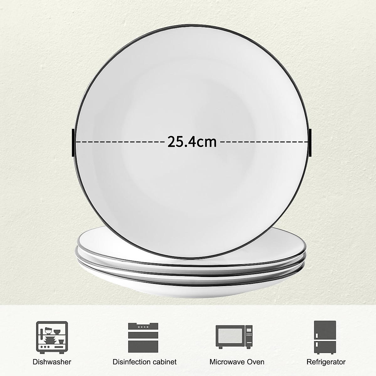 YOLIFE 10 inch Porcelain Dinner Plate Set of 6 - White Round Ceramic Serving Dish for Steak Patas Pizza Restaurant with Black Trim