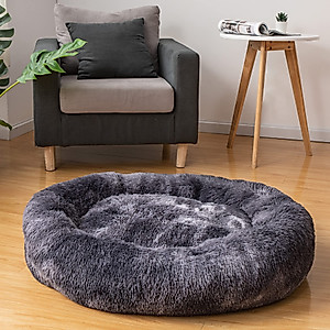 Oval Calming Donut Cuddler Dog Bed,Shag Faux Fur Cat Bed Washable Round Pillow Pet Bed(30"/36"/43") for Small Medium Dogs (L(30"x24"x7"), Grey2021)
