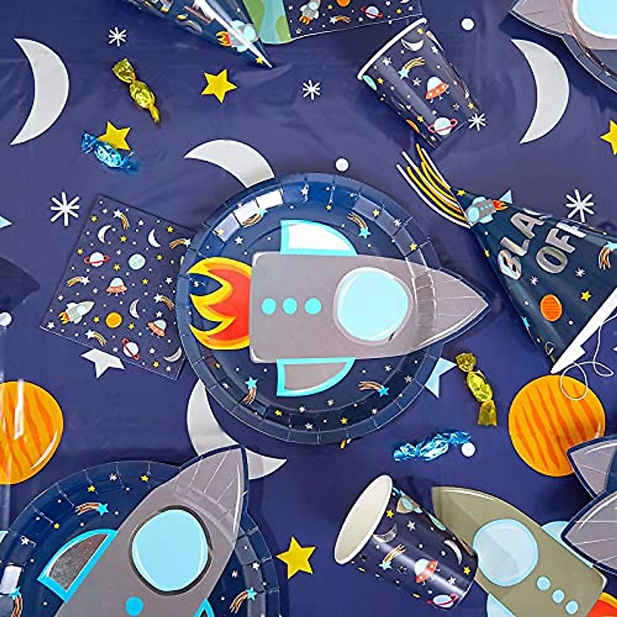 Blue Plastic Tablecloth for Outer Space Birthday Party (54 x 108 in, 3 Pack)