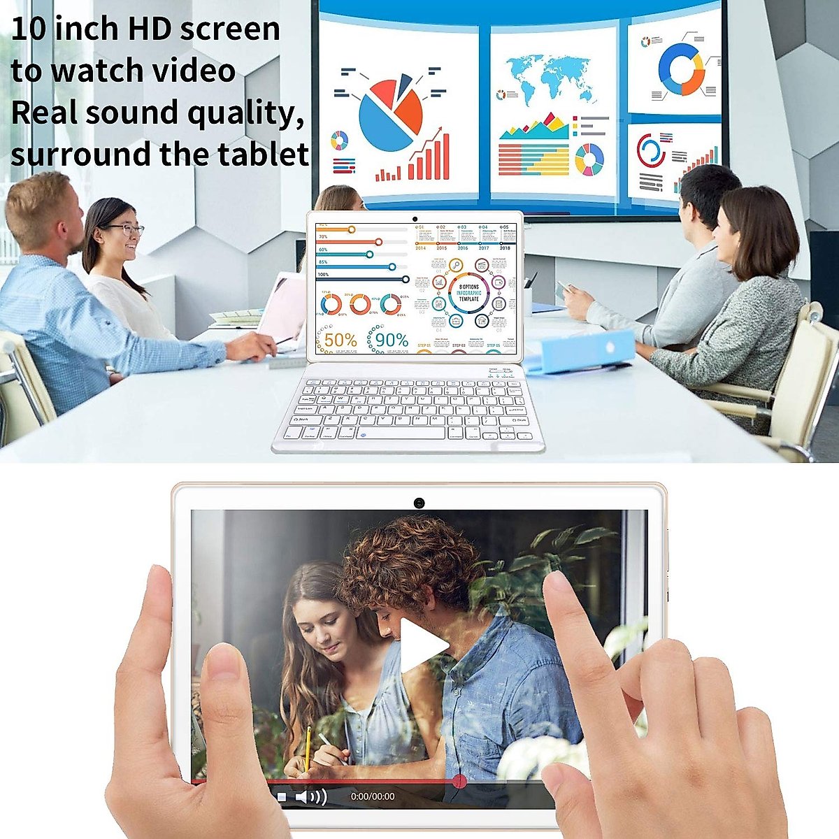 AOYODKG TAB-A22 10 Inch Tablet with Keyboard, Android 10, Octa-core Processor, 64GB Storage, 4GB RAM, 256GB Expandable, WiFi, GPS, 1920x1200 HD Display, Gold