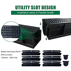Natotela Deep Profile HDPE Trench Drain-39.4Lx6.1Wx5.5H in. Channel Drain with Grates,6 Pack Total Length 236.22 in, Plastic Trench Drain System for Outdoor,Downspout,Yard Fence,Pool,Sidewalk,Patio