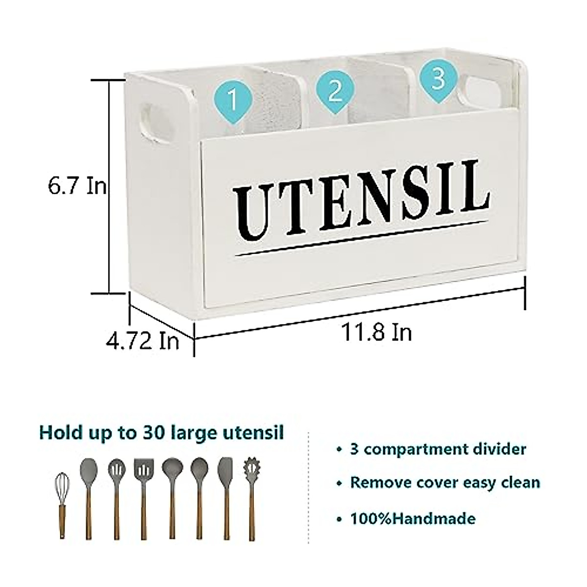 Large Rustic Kitchen Utensil Holder for Countertop, Farmhouse Wooden Utensil Holder for Kitchen Counter, 3 Compartment Rustic Cooking Utensil Holder, Kitchen Utensil Organizer Caddy for Home Decor