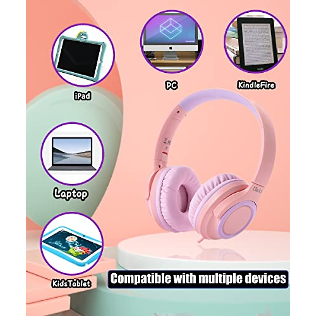 Ulacici Pink Kids Headphones for School,Kids Headphones Headphones for Kids with Volume Limit of 94 db,Wired Children Headphones for Online Learning/School/Travel/Tablet