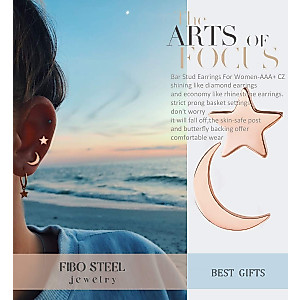 FIBO STEEL 9 Pairs Stainless Steel Star Moon Stud Earrings for Women Cute Bar CZ Stud Earring Set (B: Rose Gold)