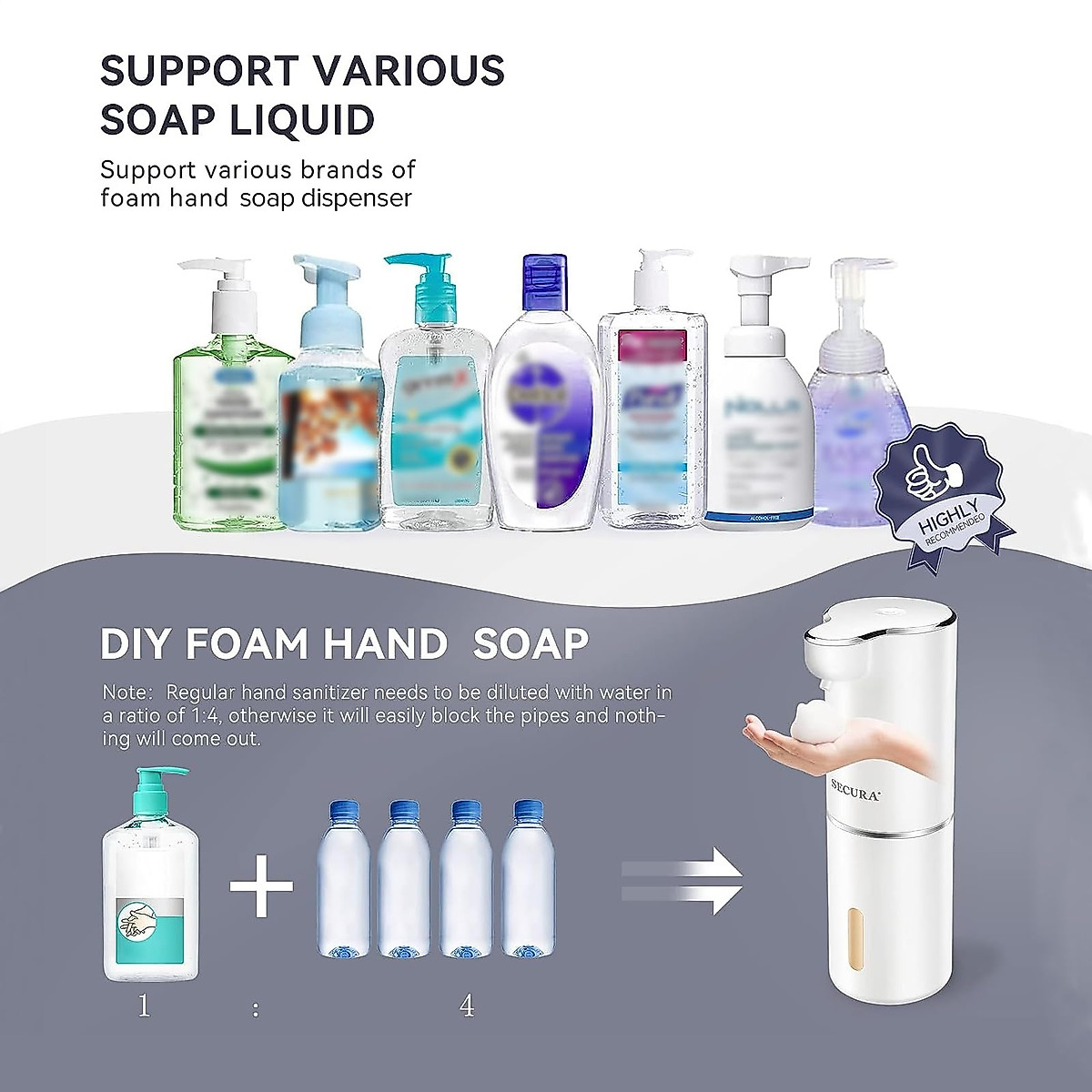 Secura Foaming Soap Dispenser, 10oz/300ml Touchless Automatic Soap Dispenser with Adjustable Volume Control, Rechargeable Hands Free Soap Dispenser for Kitchen, Bathroom