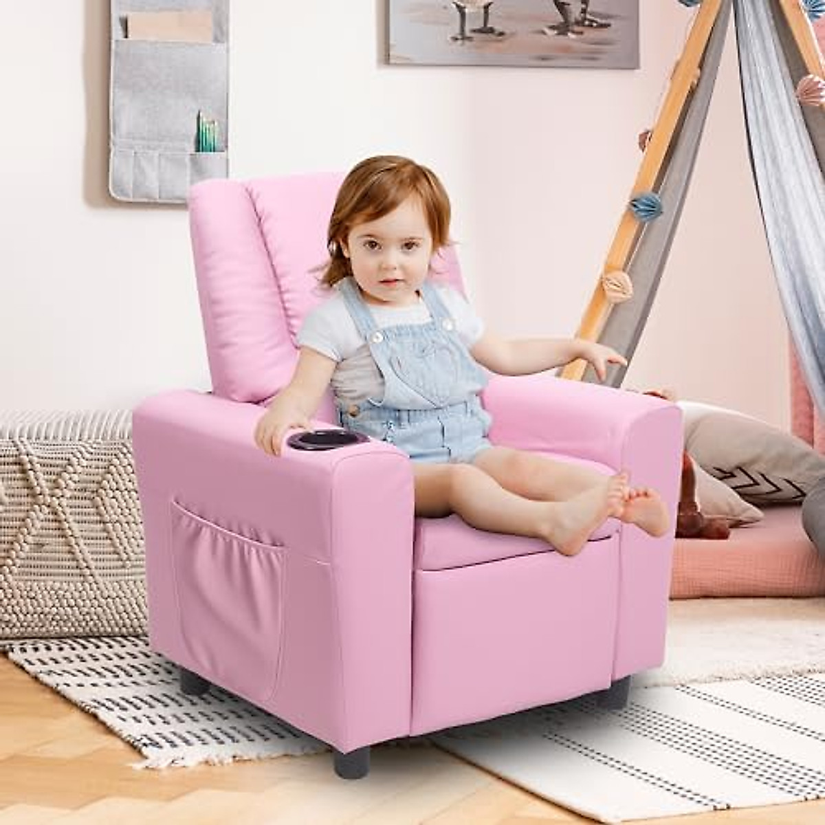 hzlagm Kids Recliner Chair with Cup Holder, Toddler Recliners for Kids Age 0-5 with Side Pockets and Non-Slip Footstool, Child Recliners for Girls Boys Kids Room, Children's Rooms, Pink