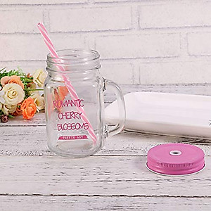 DOITOOL Mason Jar Drinking Mug 500ML Smoothie Cup Glass Juice Tumbler with Lid Handle and Straw for Juice Milk Cold Water Beverages (Pink)
