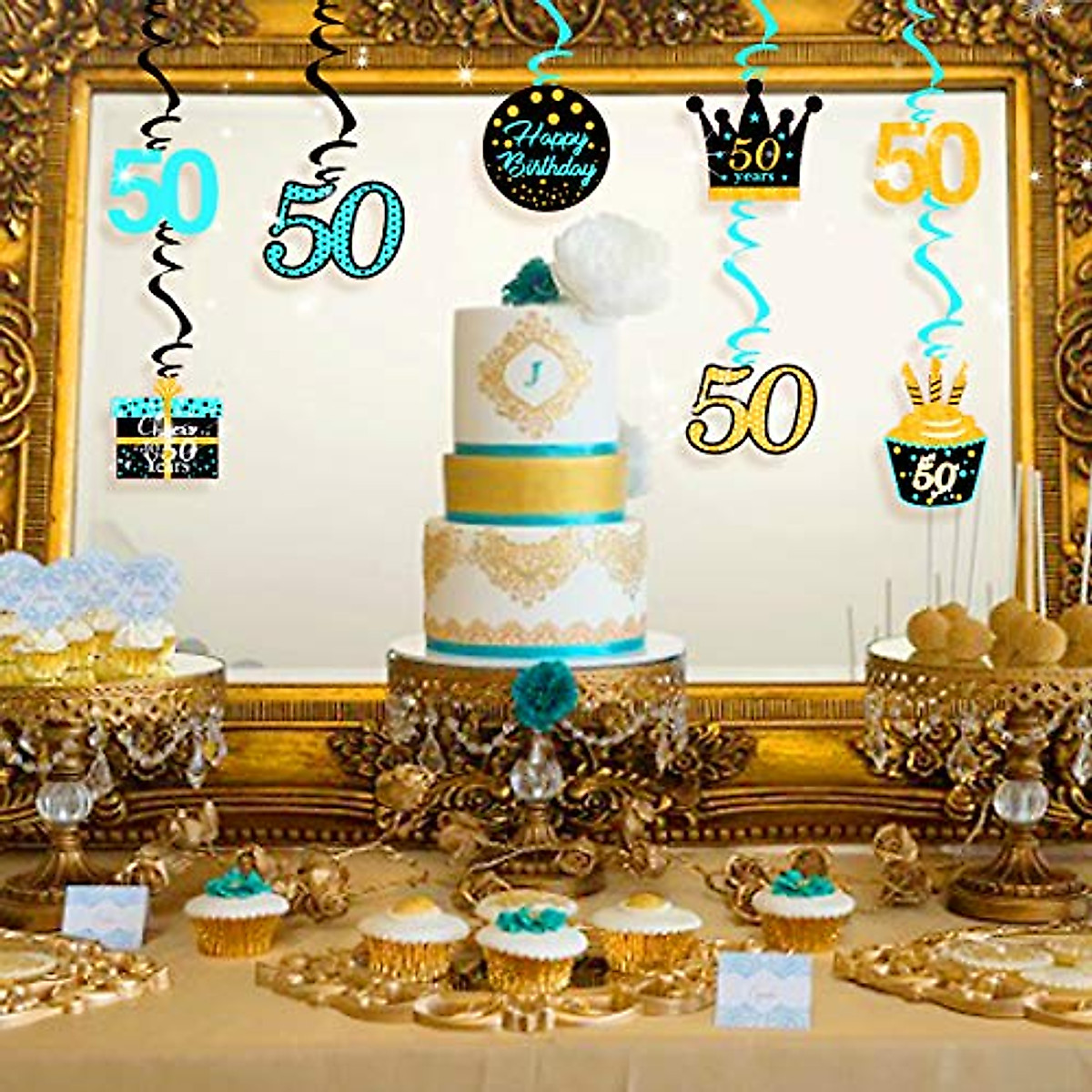 Furuix 50th Birthday Decorations for Women Teal Gold 50th Birthday Hanging Swirls Hanging Swirls Decorations for Teal Gold 50 Years Old Party Supplies