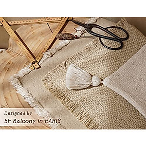 5F Balcony Decorative Boho Linen Throw Pillow Cover with Handmade Fringes - Neutral Beige Pillow Cover 18 × 18, Soft Solid Square Cushion Cover for Couch Bed Patio Outdoor