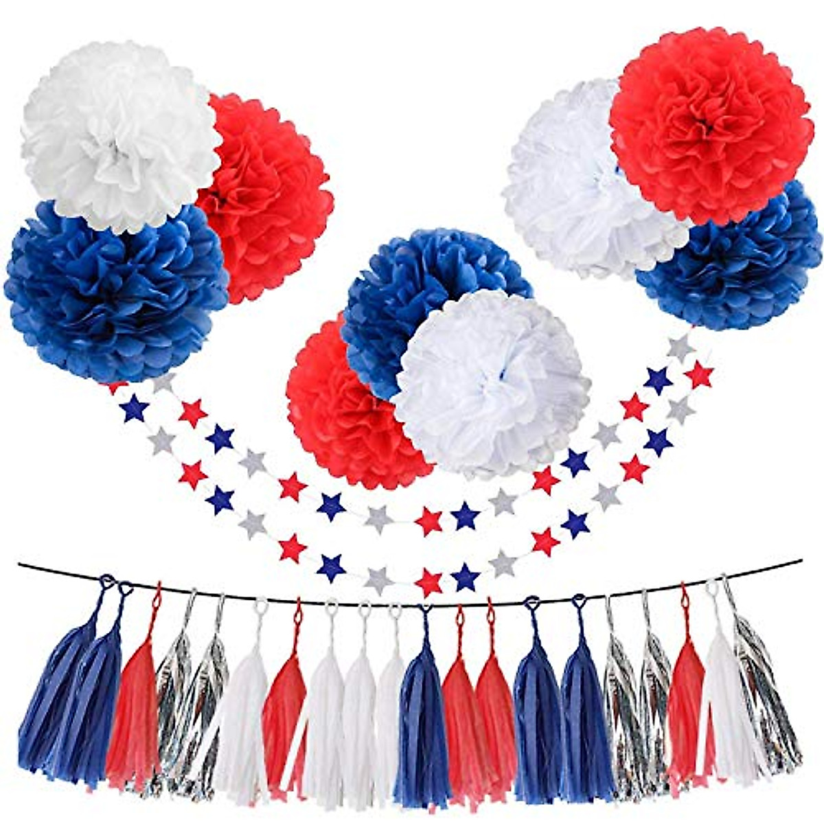 31pcs Tissue Paper Pom Pom Silver Navy Blue Red White Tassel Garland Party Decorations 10" 12" Paper Flowers Twinkle Star Garland Kit for Birthday Baby Shower Wedding Nursery Decorations