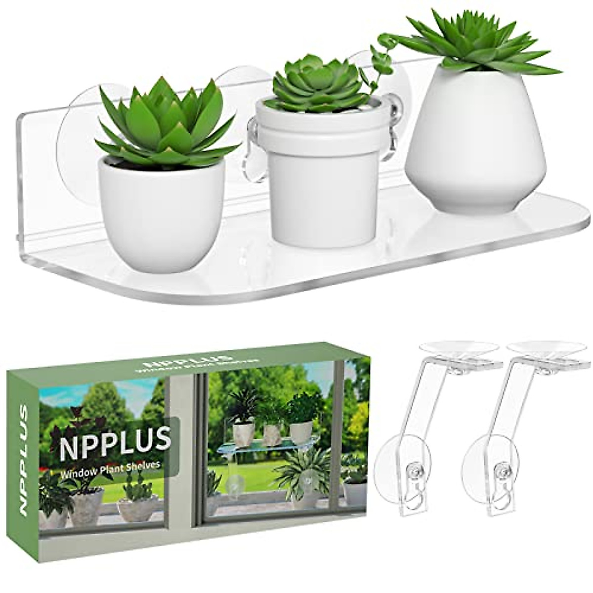 NPPLUS Acrylic Suction Cup Shelf, Tool Free Window Plant Shelves With Legs, 12 Inches Clear Acrylic Indoor Ledge Garden Stand with for Growing Herbs, Microgreens, Succulents,Etc.(1 Pack)