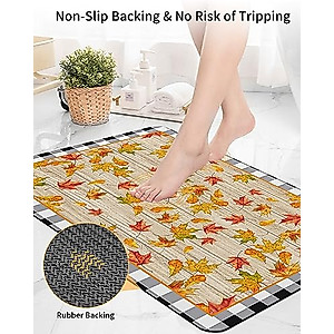 Orange Maple Leaf Bath Mat for Tub,Non Slip Bathroom Floor Runner Rug Quick Dry & Absorbent Diatomaceous Earth Kitchen Shower Sink Washable Doormat,Autumn Fall Leaves Rustic Black White Plaid 20"x32"