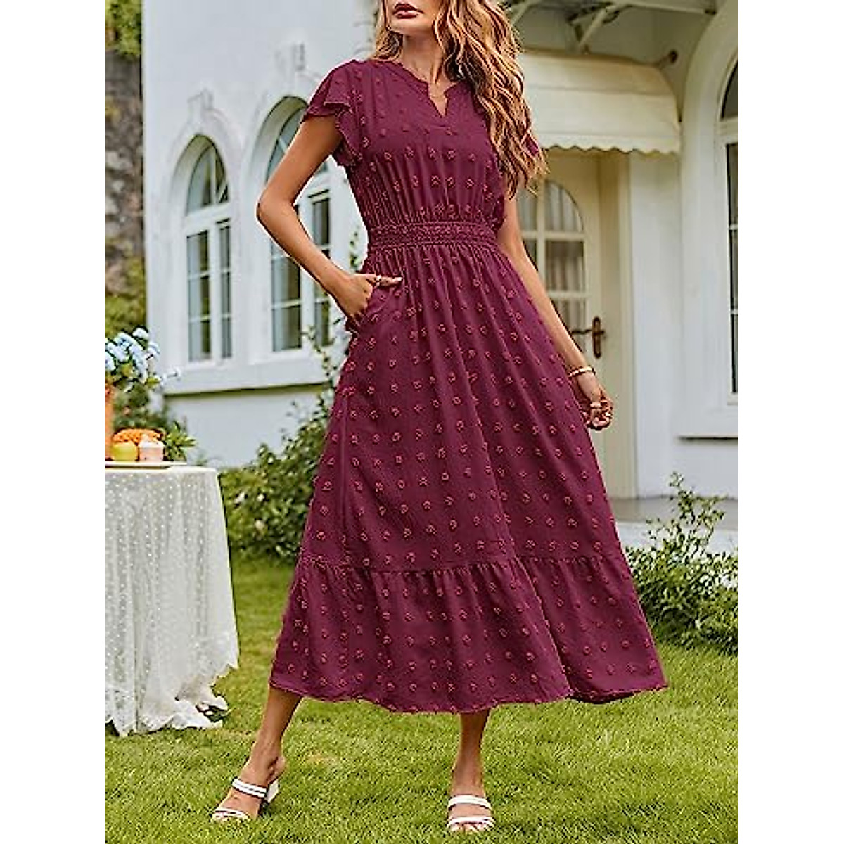 MEROKEETY Summer Short Sleeve Vneck Wedding Dress Swiss Dot Flowy A Line Tiered Maxi Dresses Burgundy Medium