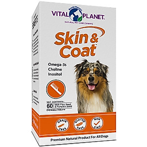 Vital Planet - Skin and Coat Supplement for Dogs with Choline, Inositol, Pumpkin, Flax and Omega-3 Oils to Support a Soft Shiny Healthy Coat and for Seasonal Allergies - 60 Chewable Tablets