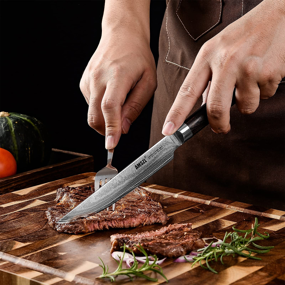 AMSZL Steak Knives - Set of 4 - Damascus - 5.5" - Japanese VG10 Core Steel Forged Straight Edge - Pakka Handle - Gift Box