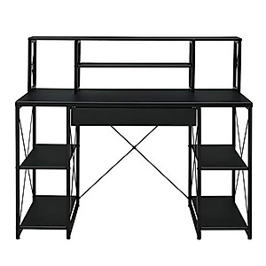 HomVent Computer Desk with Drawer Shelves, Home Office Writing Desk with Storage Bookshelf Workstation Study Table Corner Desk PC Laptop Desk (Black)