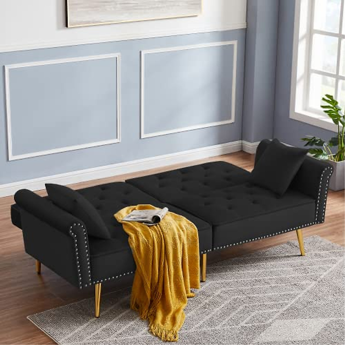 SZLIZCCC 76.7" Velvet Futon Sofa Bed, Copper Nail Decoration Accent Sofa, Convertible futon Couch, backrest can be Adjusted at Three Angles, Sleeper Sofa, Bed Size-Twin.(Black)