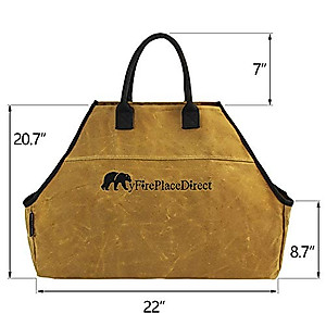 MyFirePlaceDirect Heavy Duty Waxed Canvas Log Carrier Tote Bag with Unique Embroidered Logo, Extra Large Durable Firewood Holder with Strong Comfort Handle, Heavy Duty Wood Carrying Bag Rust