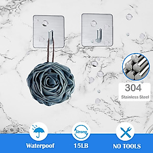 FOTYRIG Adhesive Towel Hooks Extra Sticky Door Coat Hooks 15LB (Max) Stick on Wall Waterproof Stainless Steel Shower Hooks for Hanging loofah Purse Clothes Bathroom Hooks Silver-4 Packs