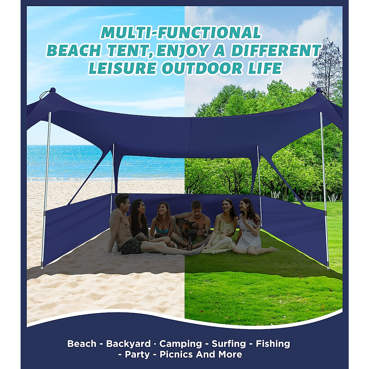 EYEFAME UPF50+ Anti-Wind Beach Tent with Sandproof Private Beach Wind Screen, Stable 8 Sandbags Design Beach Canopy Sun Shade with Carrying Bag, Portable Easy Assemble Sun Shelter for Outdoor Camping